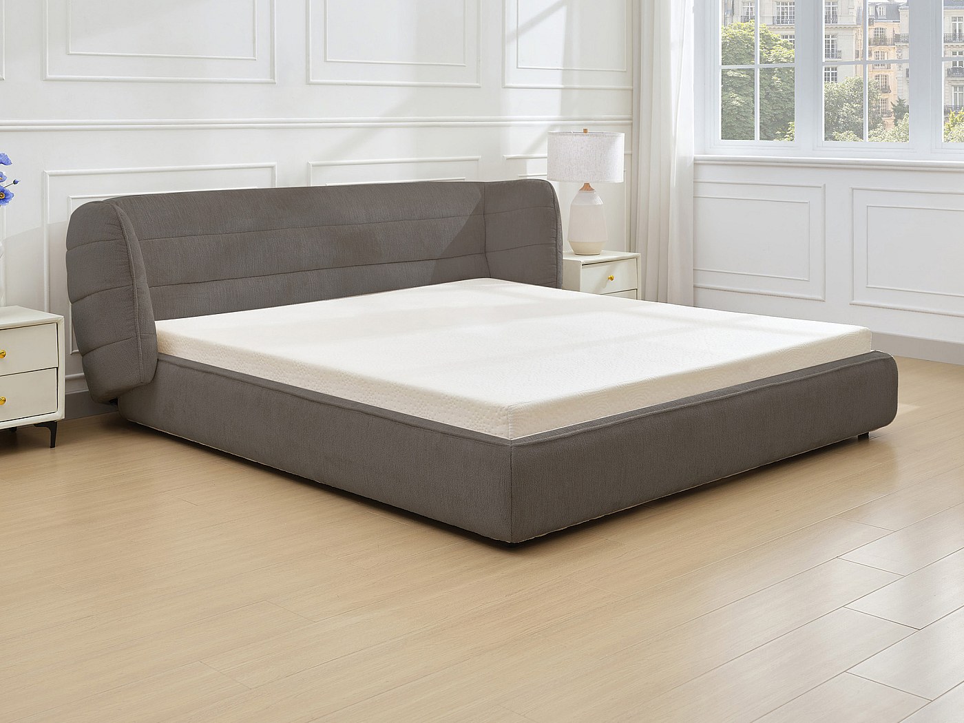 Cama 140 x 200 cm con cabecero curvado tela de rizo gris - LARUMO de ...