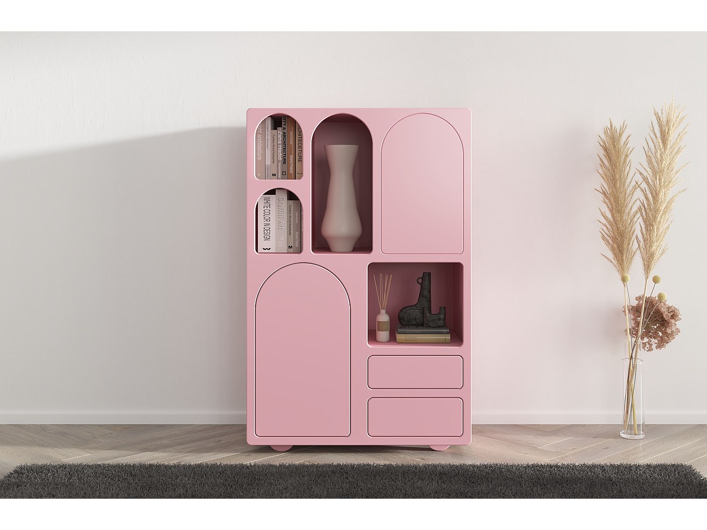 Commode haute en bois OLIMPIA / design arches / rose poudré / 80 cm