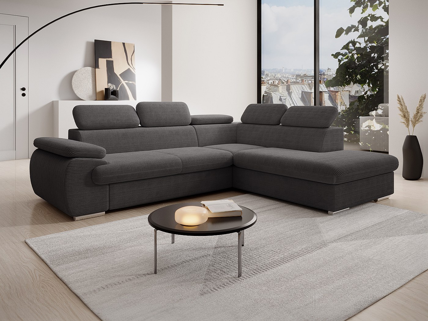 Divano letto Angolo a destra in Velluto a coste Antracite FABIEN