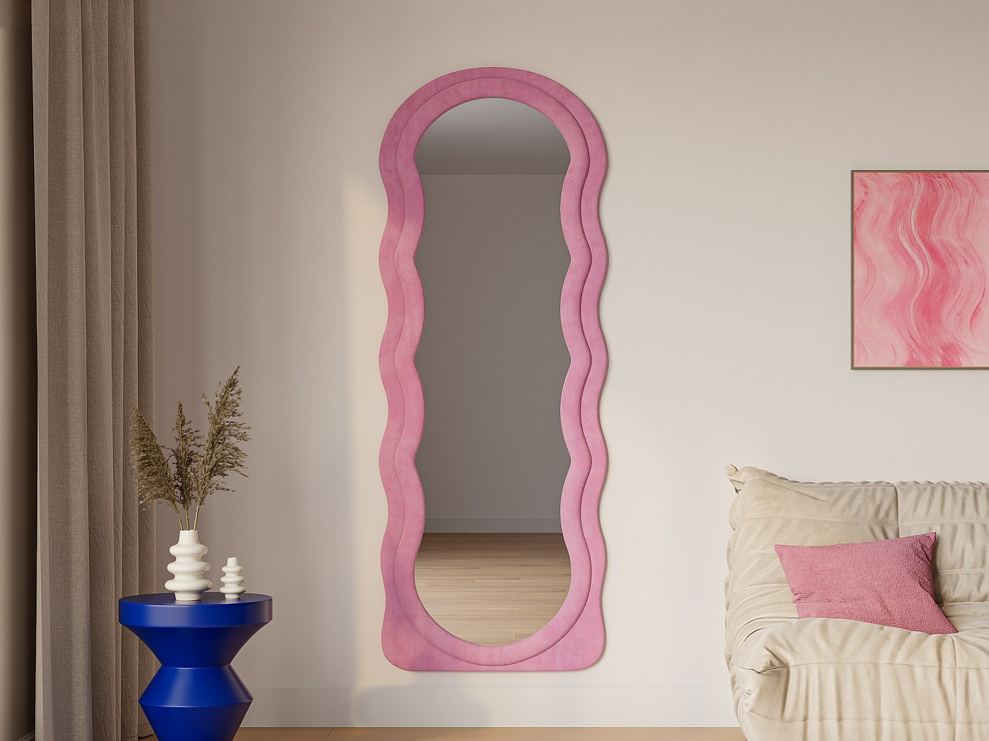 Miroir organique en velours - L. 65 x H. 170 cm - Rose - AYANI