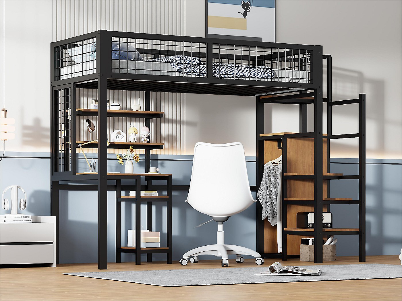 Hoogslaper 90x200 cm met bureau, planken, trap en kledingkast - metalen ...