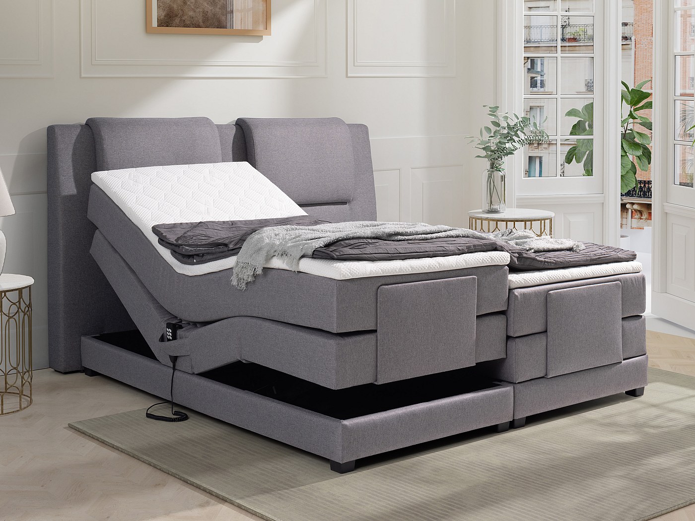 Ensemble complet Boxspring électrique 2 x 90 x 200 cm king size Gris clair Tissu - CASTEL de Palacio