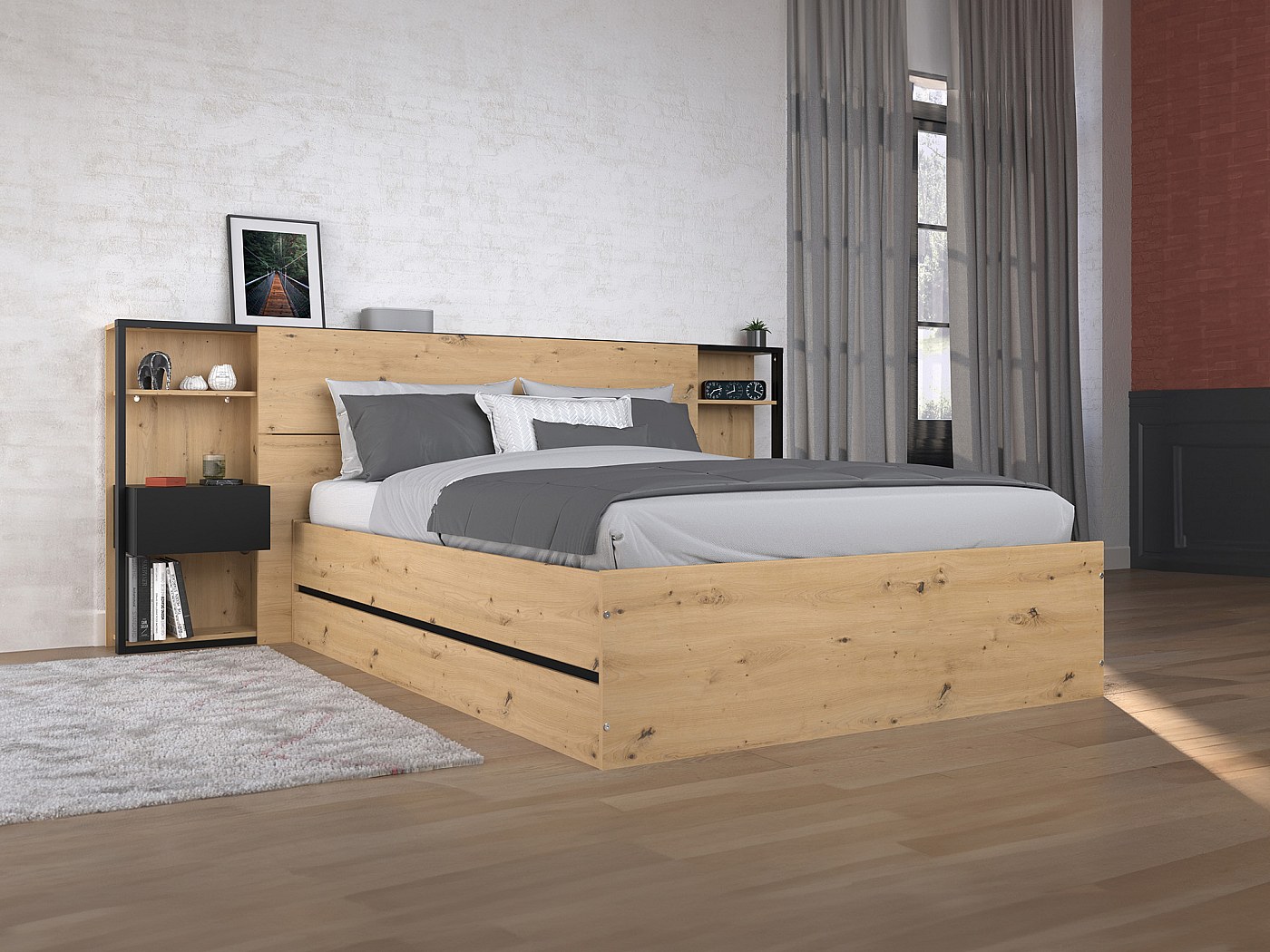 Bed met opbergruimte en nachtkastjes 140 x 190 cm in houtlook en zwart ...