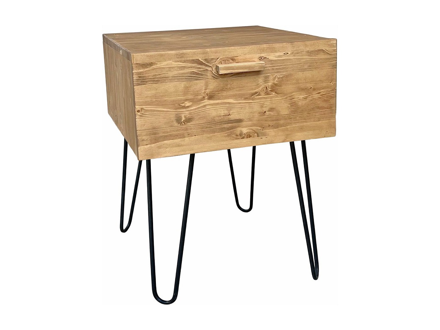 Comodino in legno massiccio in tonalità rovere con gambe in metallo 45 cm