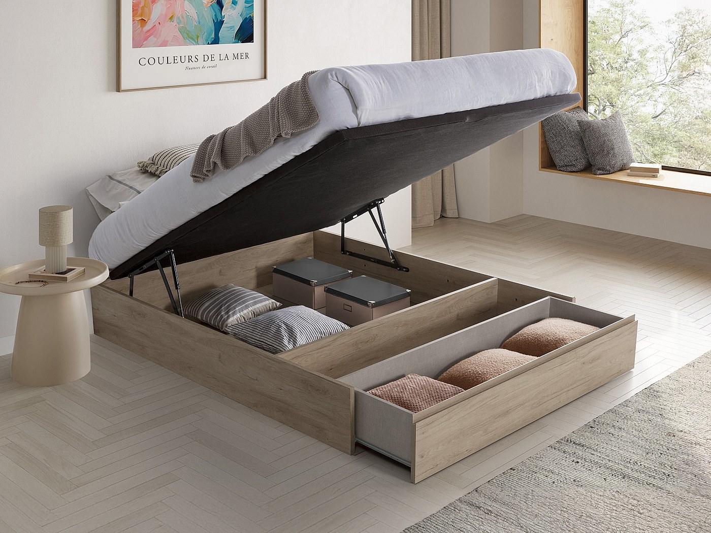 Sommier coffre 140 x 190 cm Naturel clair - Avec pieds - HESTIA de Ysmée