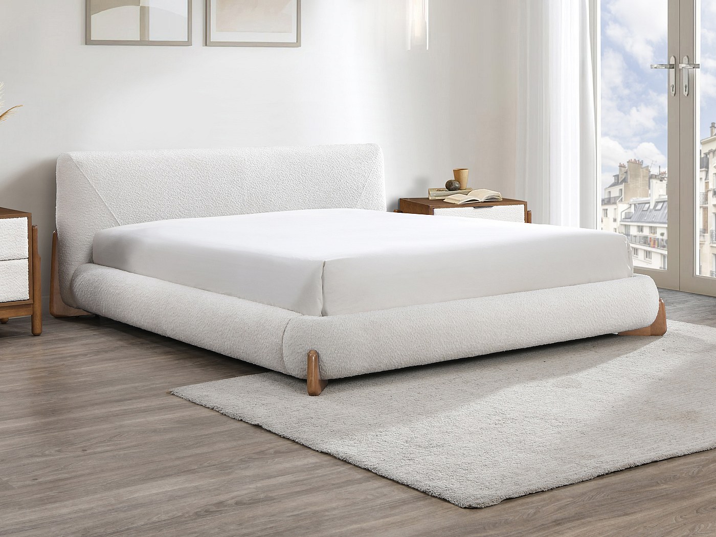 Bed 180 x 200 cm van boucléstof, wit en naturel - GAMURA