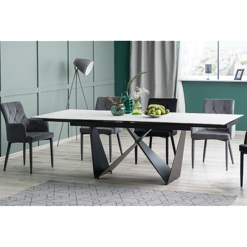Table à manger design métal noir et marbre blanc 160 cm Ramata
