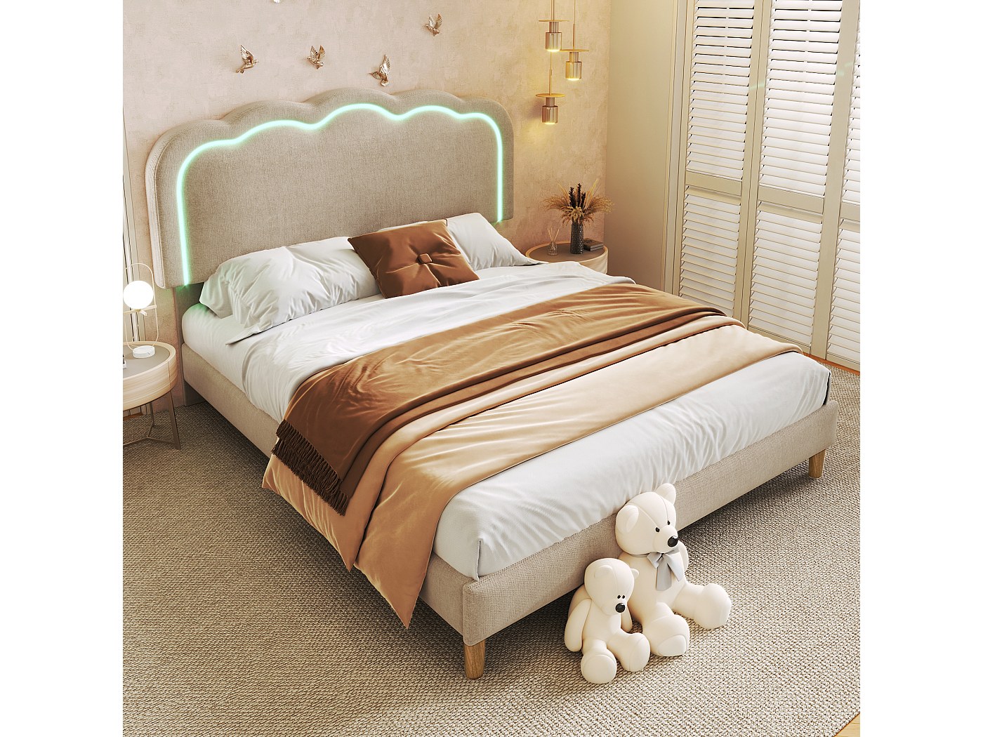 Lit rembourré beige lit double LED 140 x 200 cm, cadre de lit avec ...