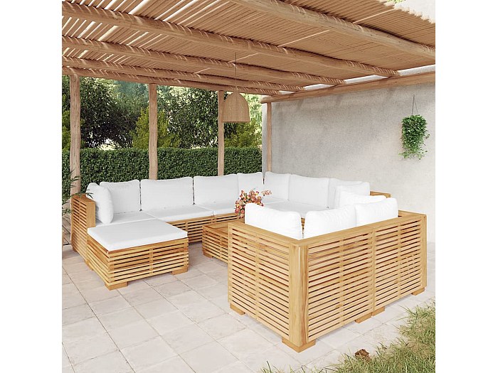 Juego muebles de jardín 10 piezas y cojines madera maciza teca