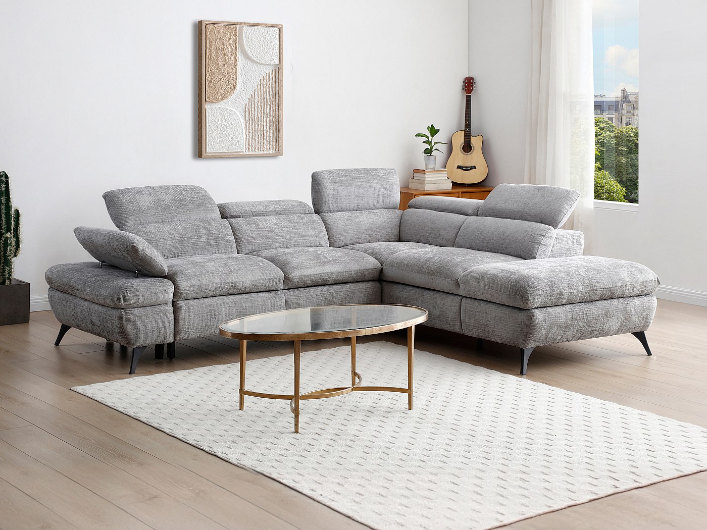 Canapé d'angle droit convertible en tissu texturé gris SURDELI