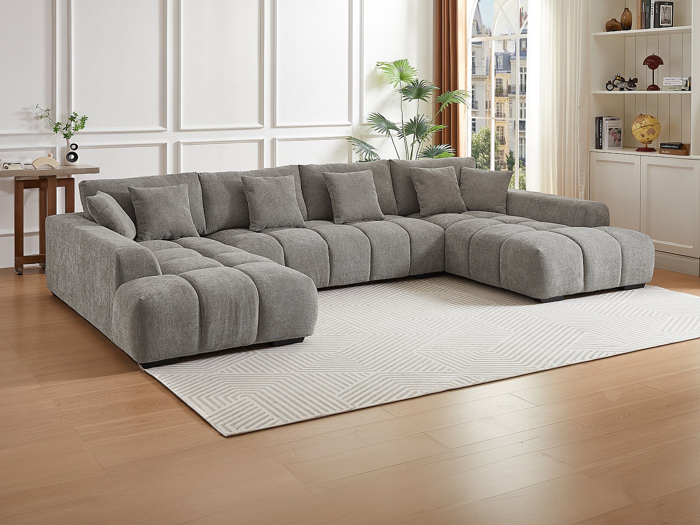 Grande divano angolare in Tessuto Grigio effetto trapuntato stile di ...