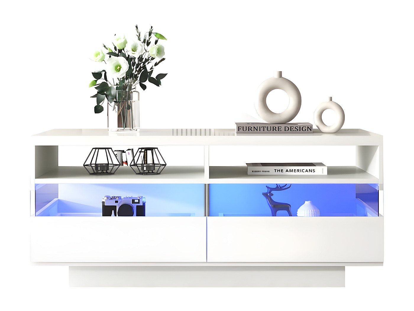 Tavolino con finitura lucida, due ripiani e due cassetti, illuminazione ...