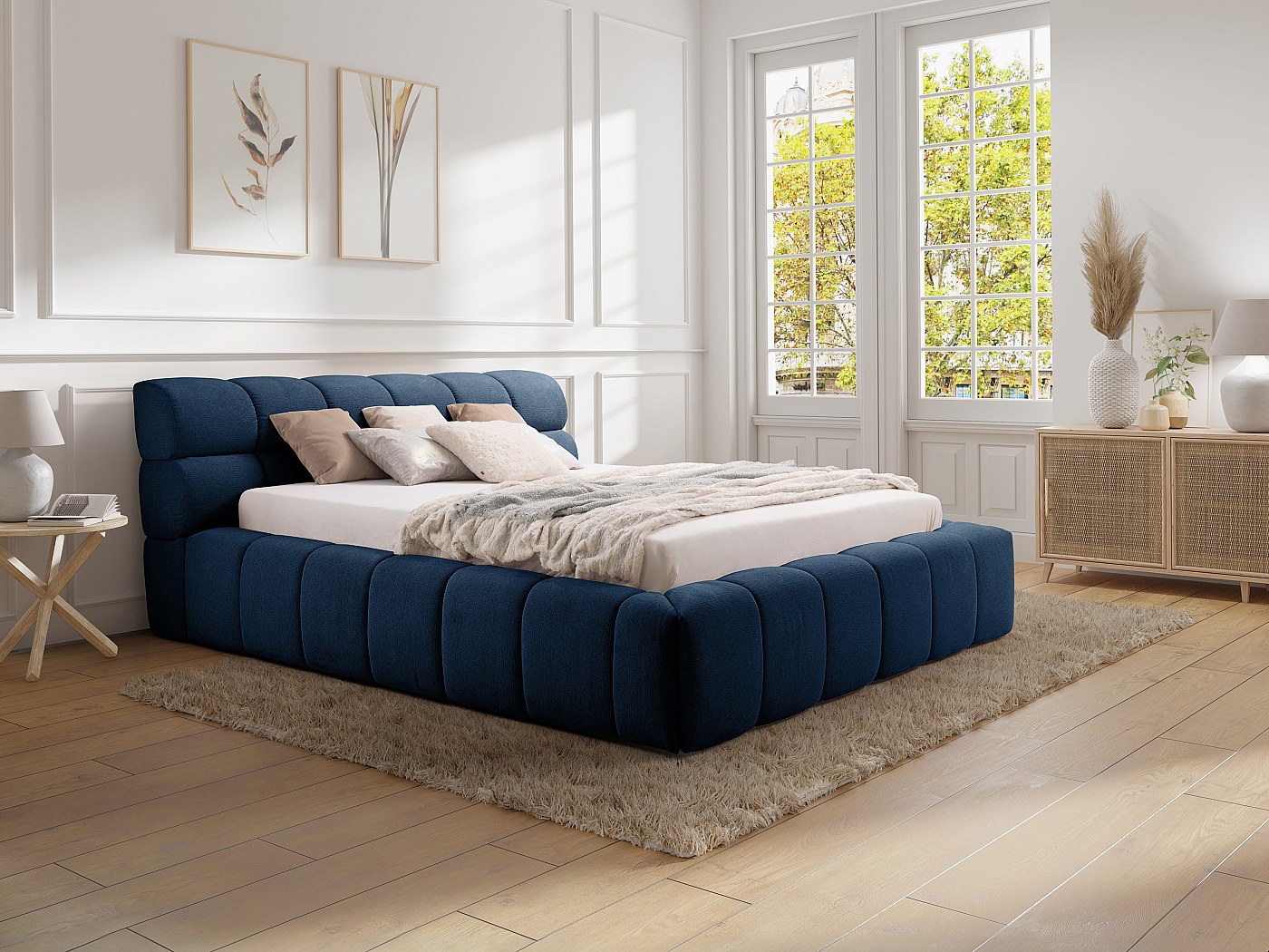 Cama baúl 160 x 200 cm en tela color azul noche + colchón - FORVIK II