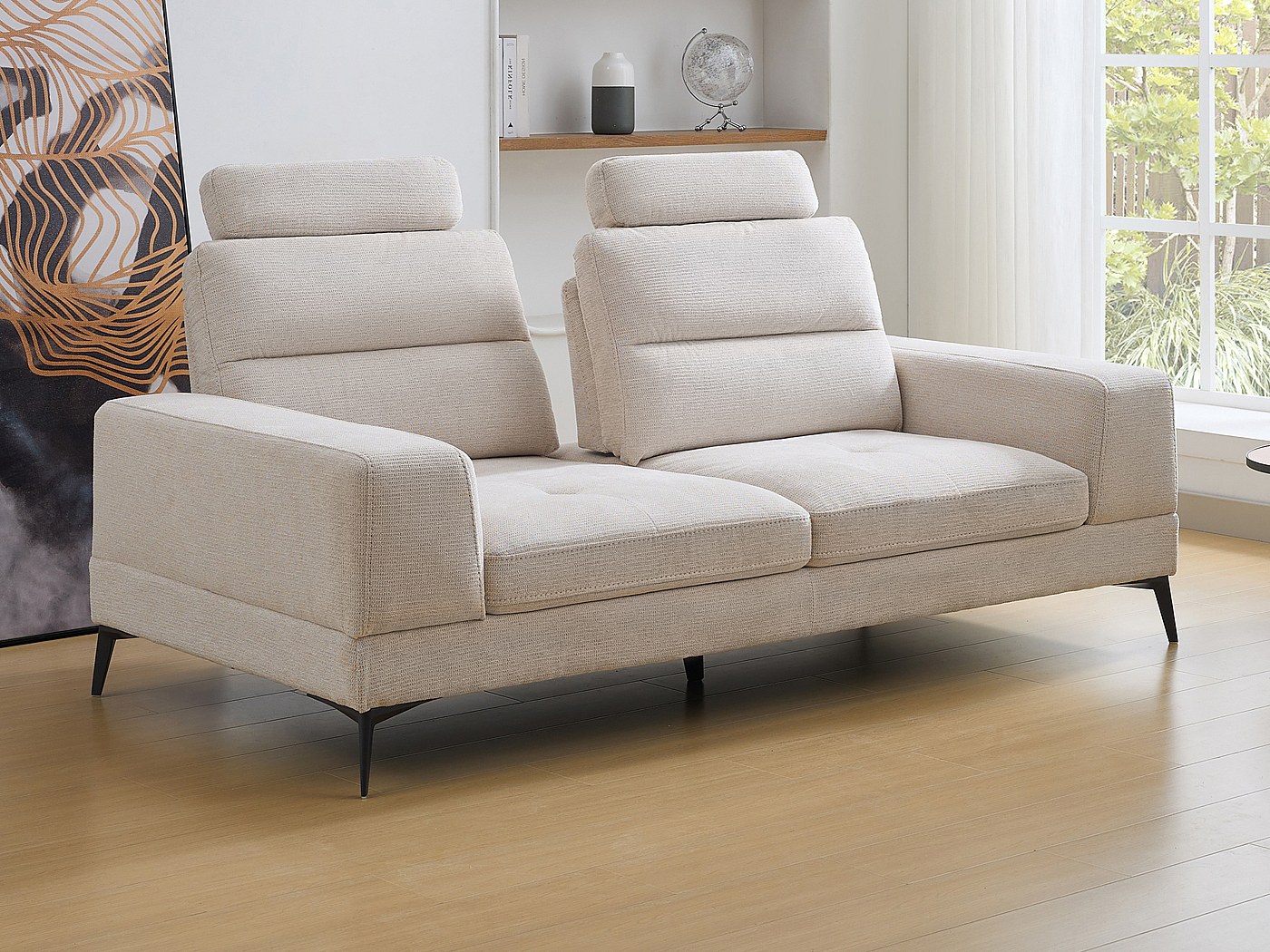 Canapé 3 places en tissu texturé beige avec dossier avance-recule UDALIO