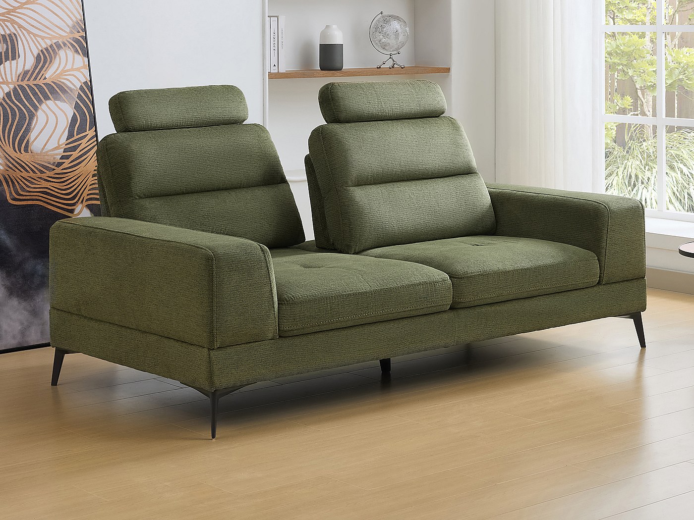 Driezitsbank van groene stof met textuur met schuivende rugleuning UDALIO