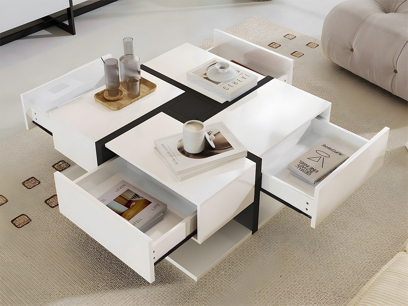 Table basse - 4 tiroirs - espace de rangement en bas - 78x78x36cm - blanc