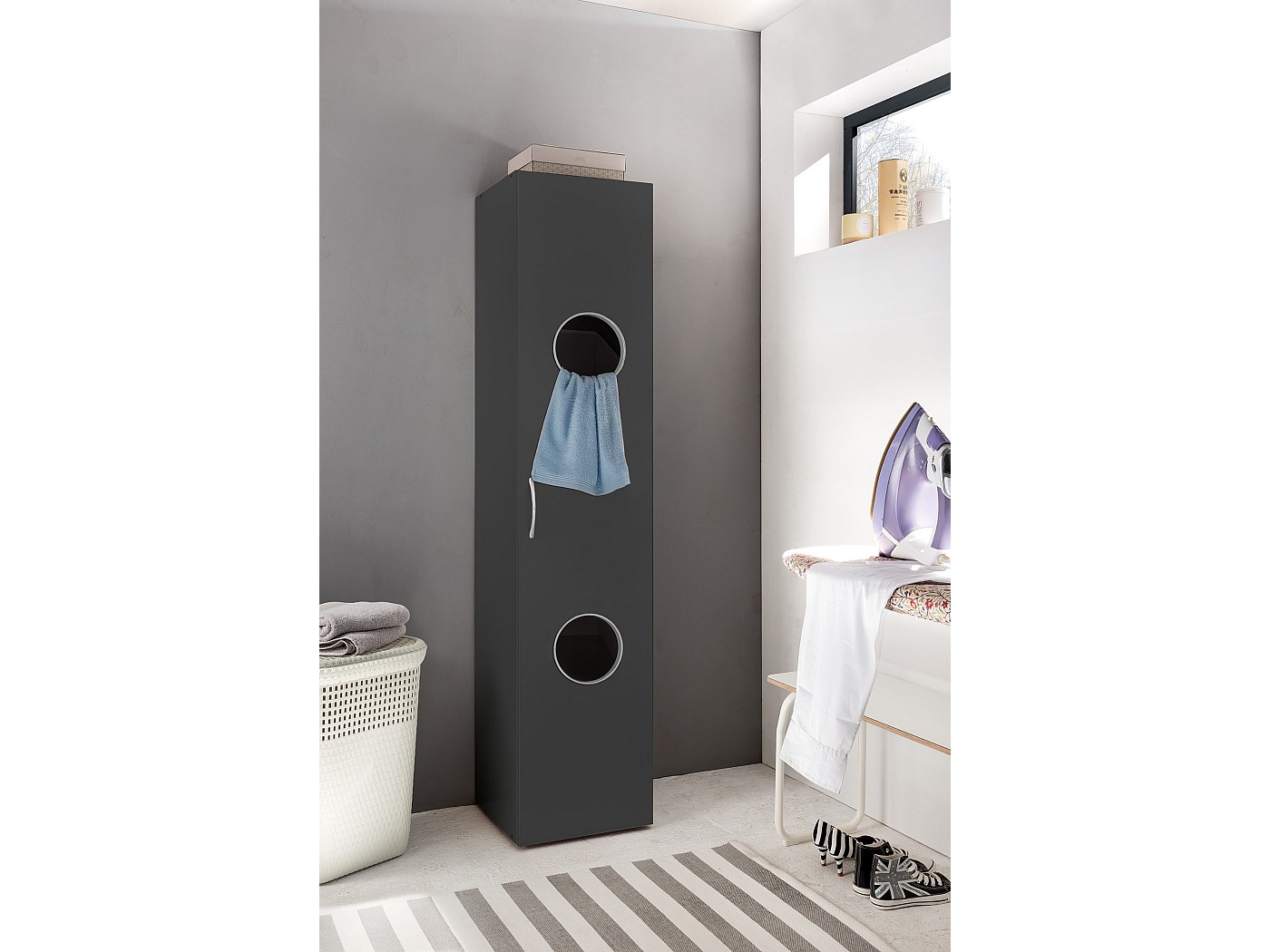 Armoire à linge avec 2 tablettes coloris graphite - L. 40 x H. 185 x P ...