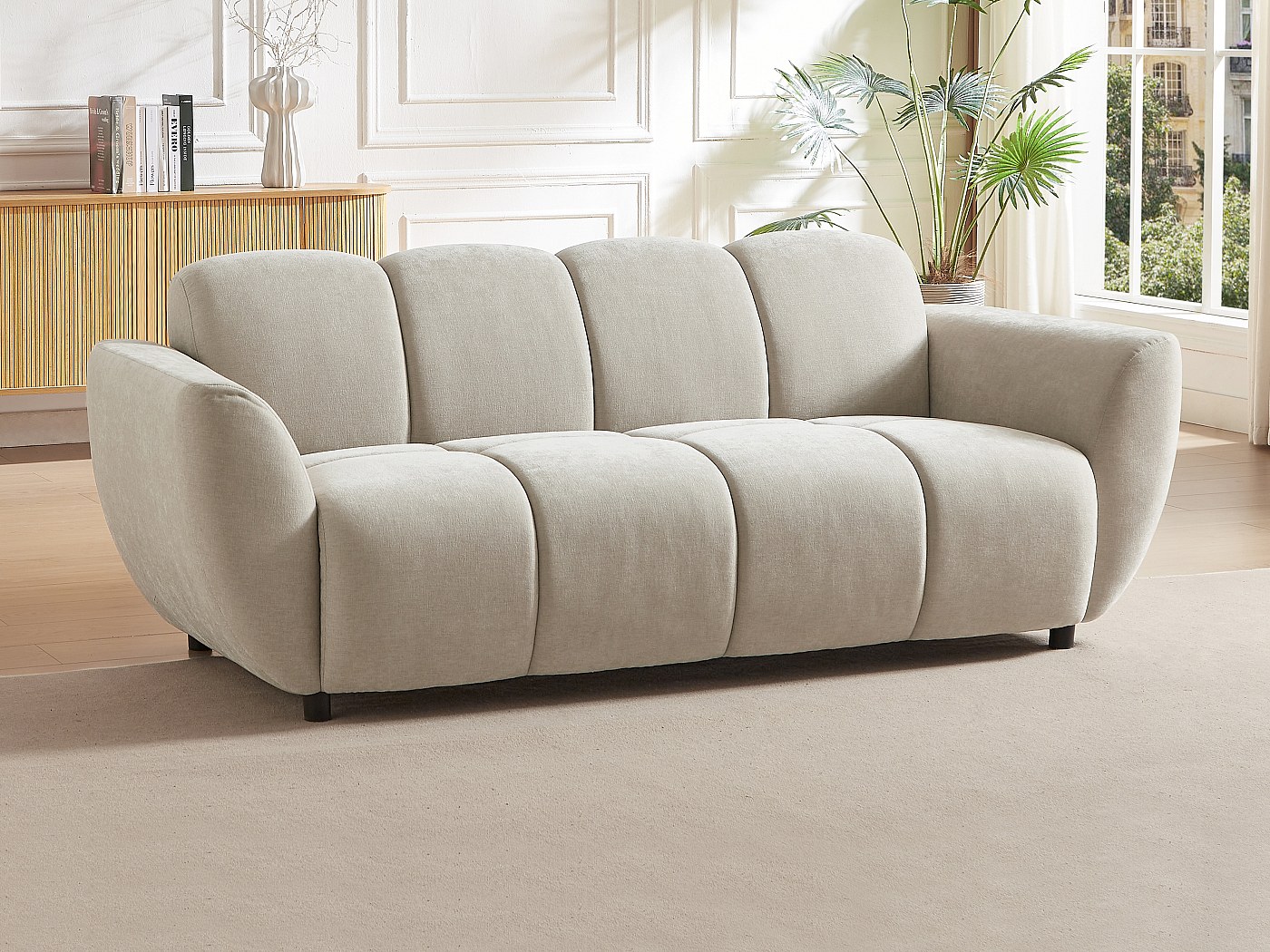 Canapé 3 places en tissu beige effet matelassé JULORI