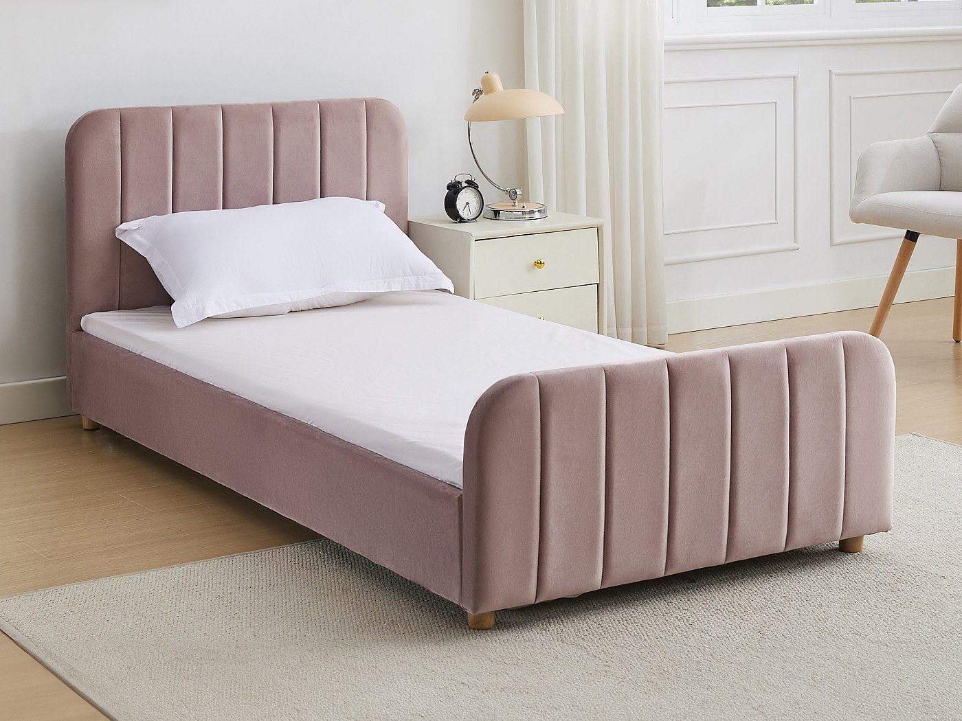 Cama 90 x 190 cm en terciopelo con costuras rosa - ROGADI