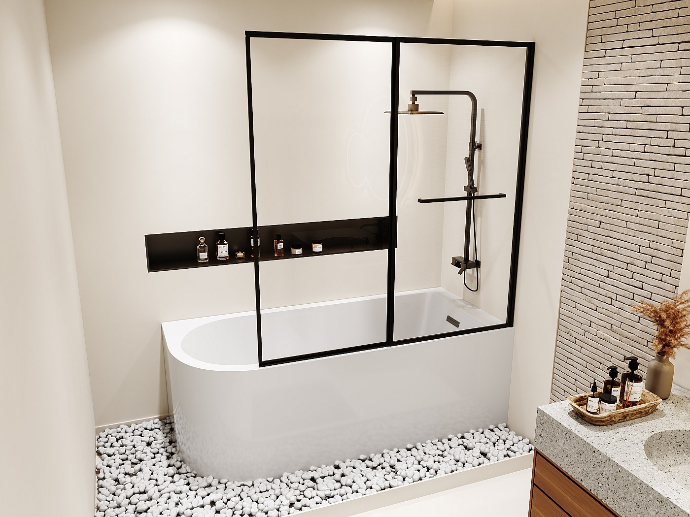 Duschbadewanne mit schiebbarer Duschtrennwand - Weiß - Ecke rechts ...