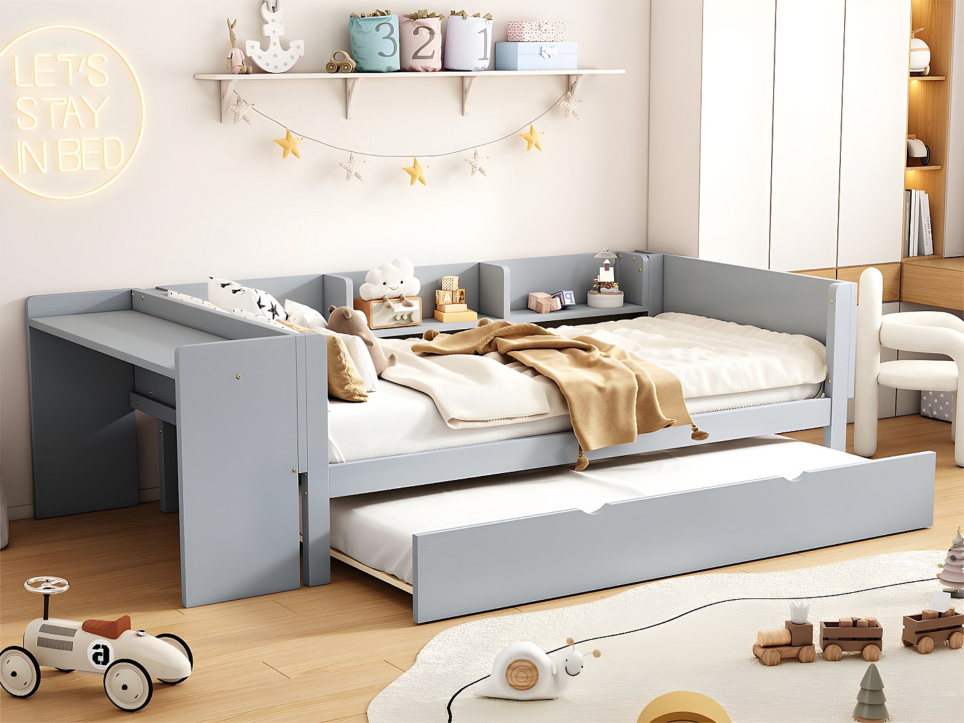 Cama individual 90x200 cm con cama nido - con escritorio al lado - Gris