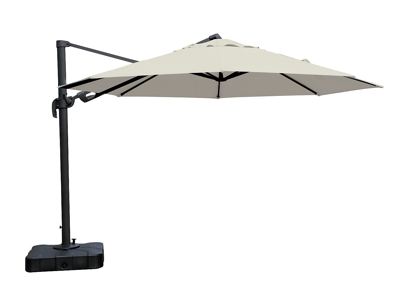 Anders hangparasol Ø3,5 M, met voet, zwart en off white.