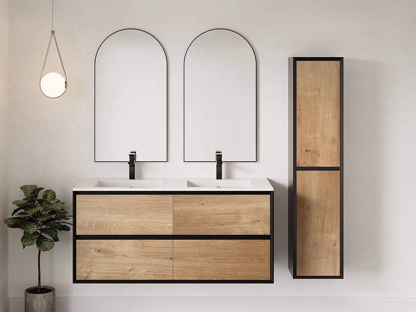 Colonne de salle de bain - Coloris naturel clair et noir - 140 cm - LANNICK