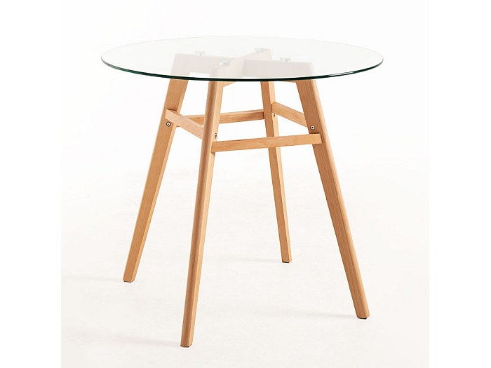 Table ronde 80cm scandinave verre trempé et pieds bois naturel Bristol