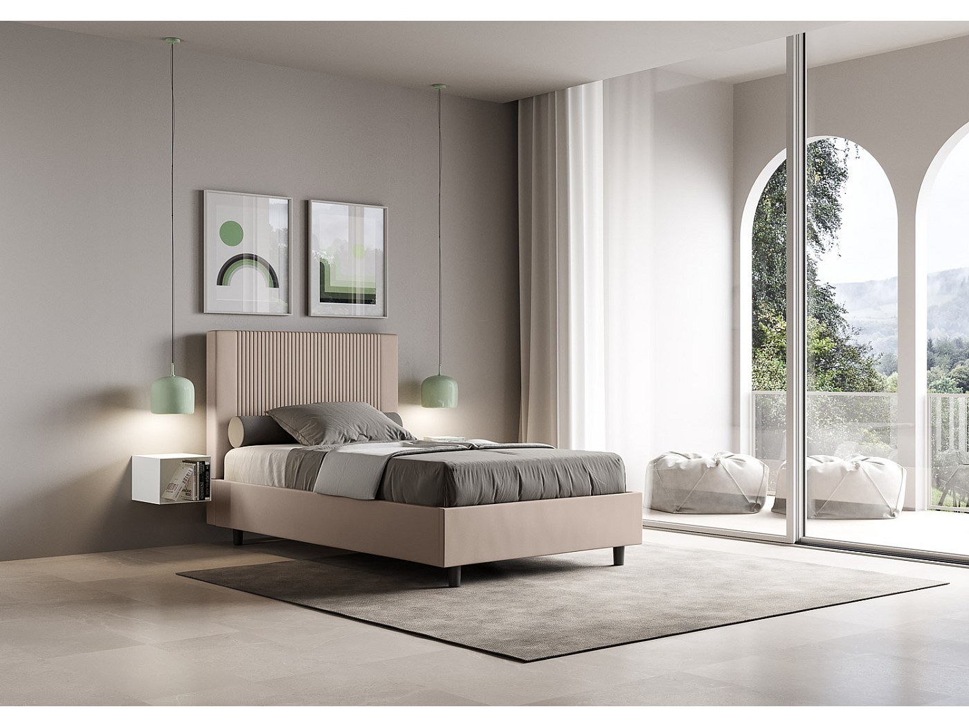 Cama moderna con cabecero de rayas verticales acolchado en símil piel ...