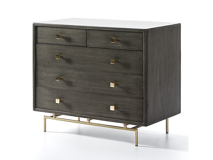 Commode 5 tiroirs bois massif gris et pieds métal doré Bar