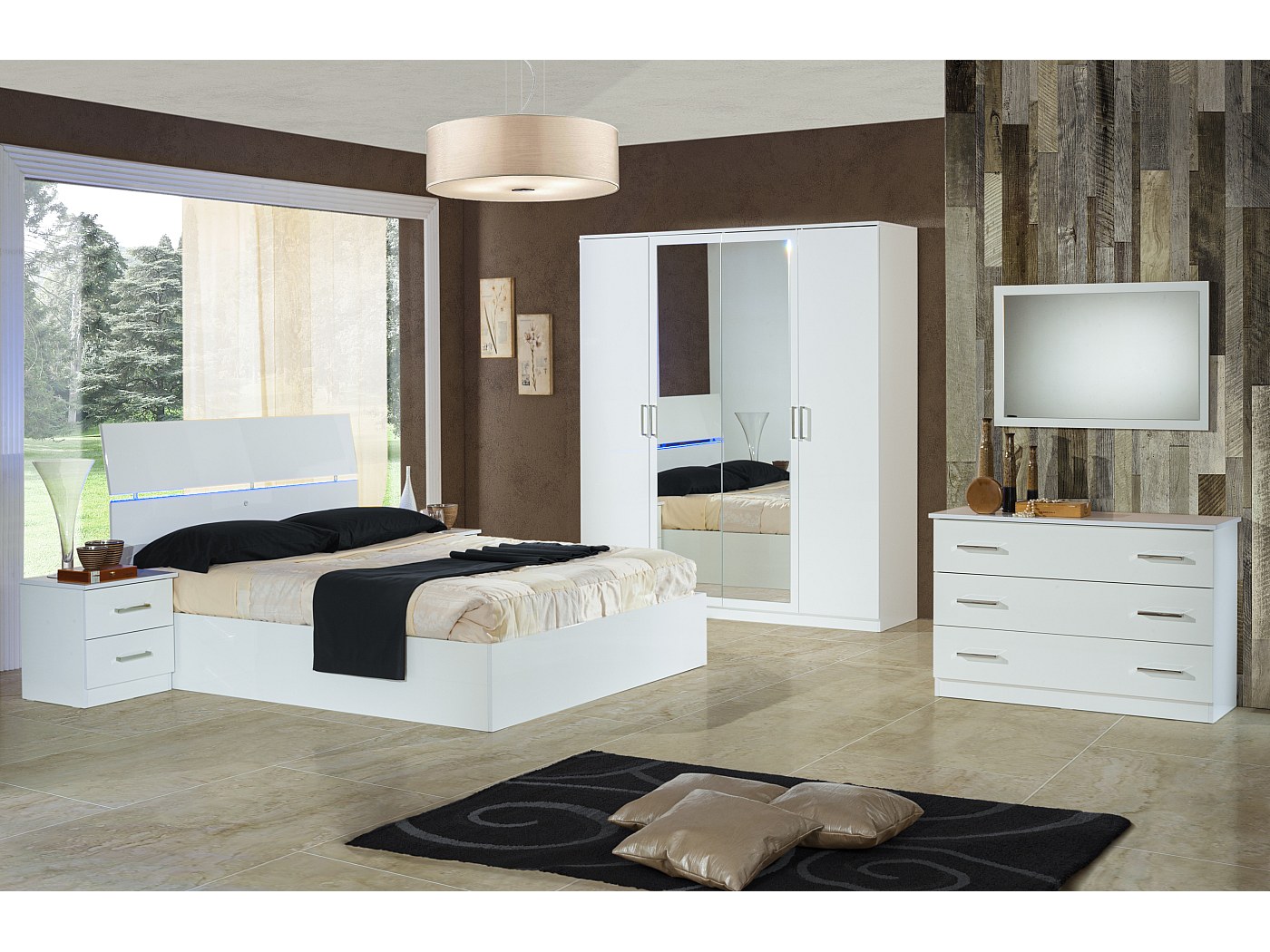 Chambre complète 6 pièces bois brillant blanc Mona 160