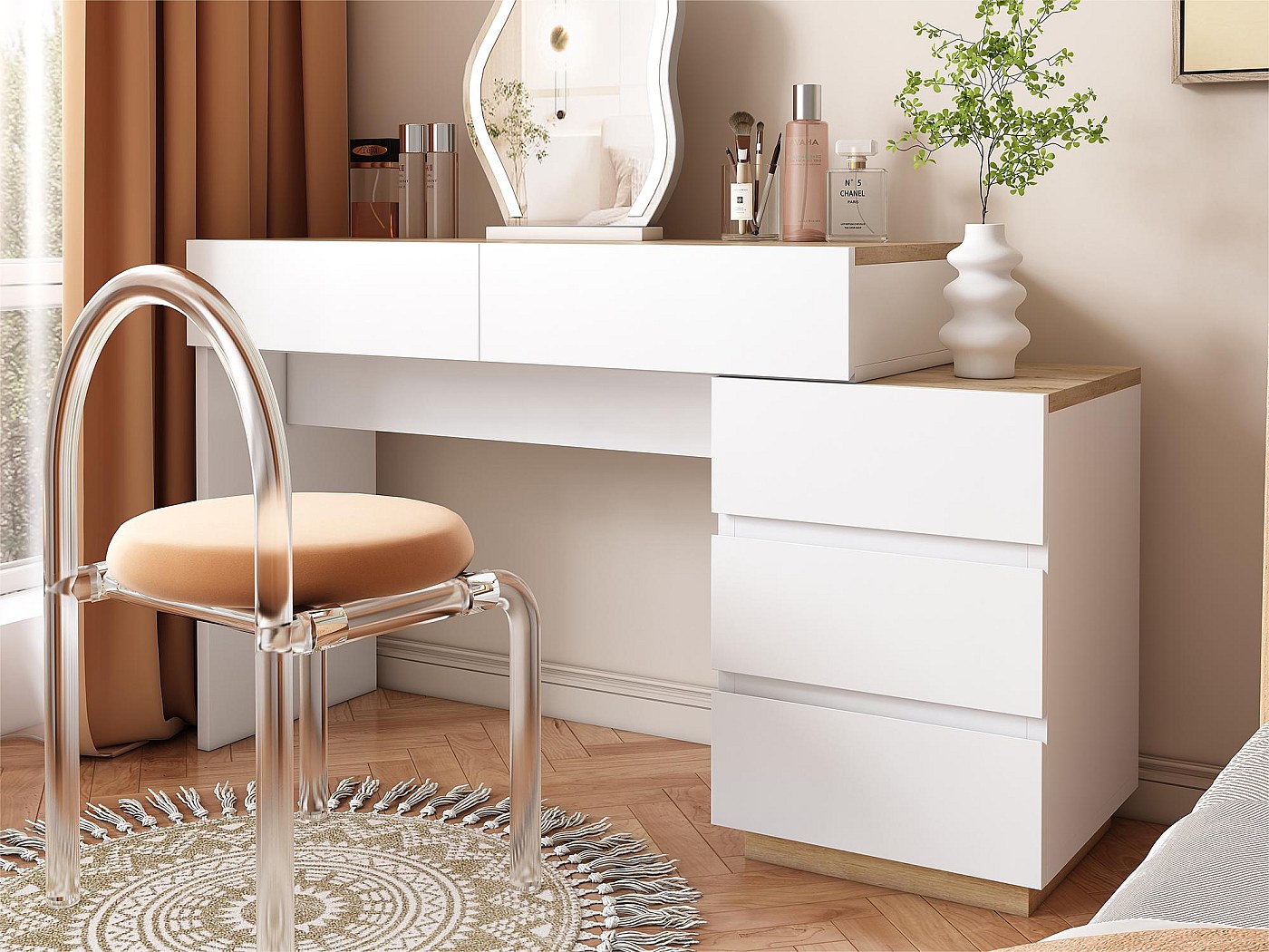 Coiffeuse moderne avec 5 tiroirs- en panneaux de particules - Blanc