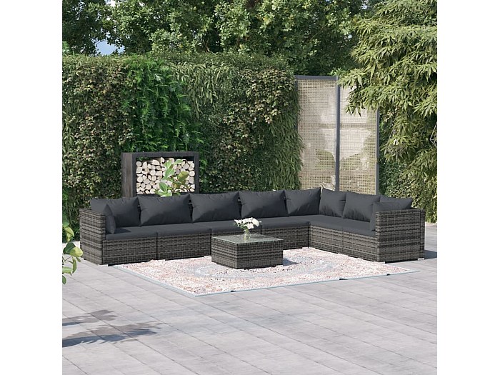 Salon de jardin 8 pièces avec coussins Résine tressée Gris