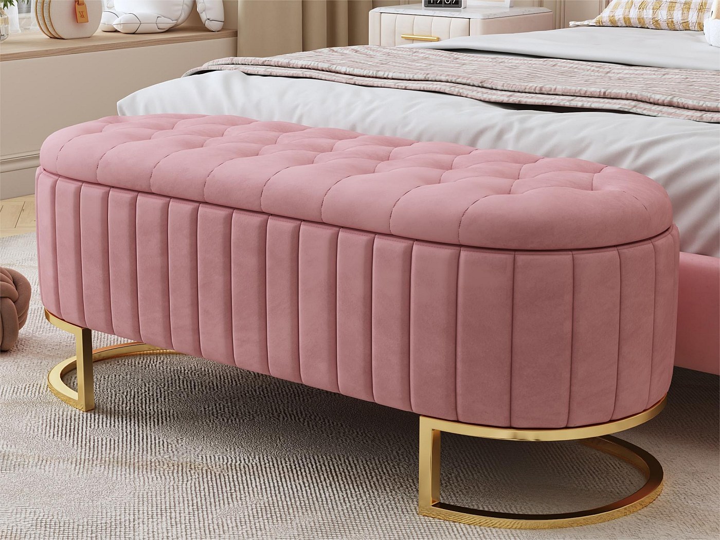 Banc de rangement rembourré en velours - style moderne - Rose