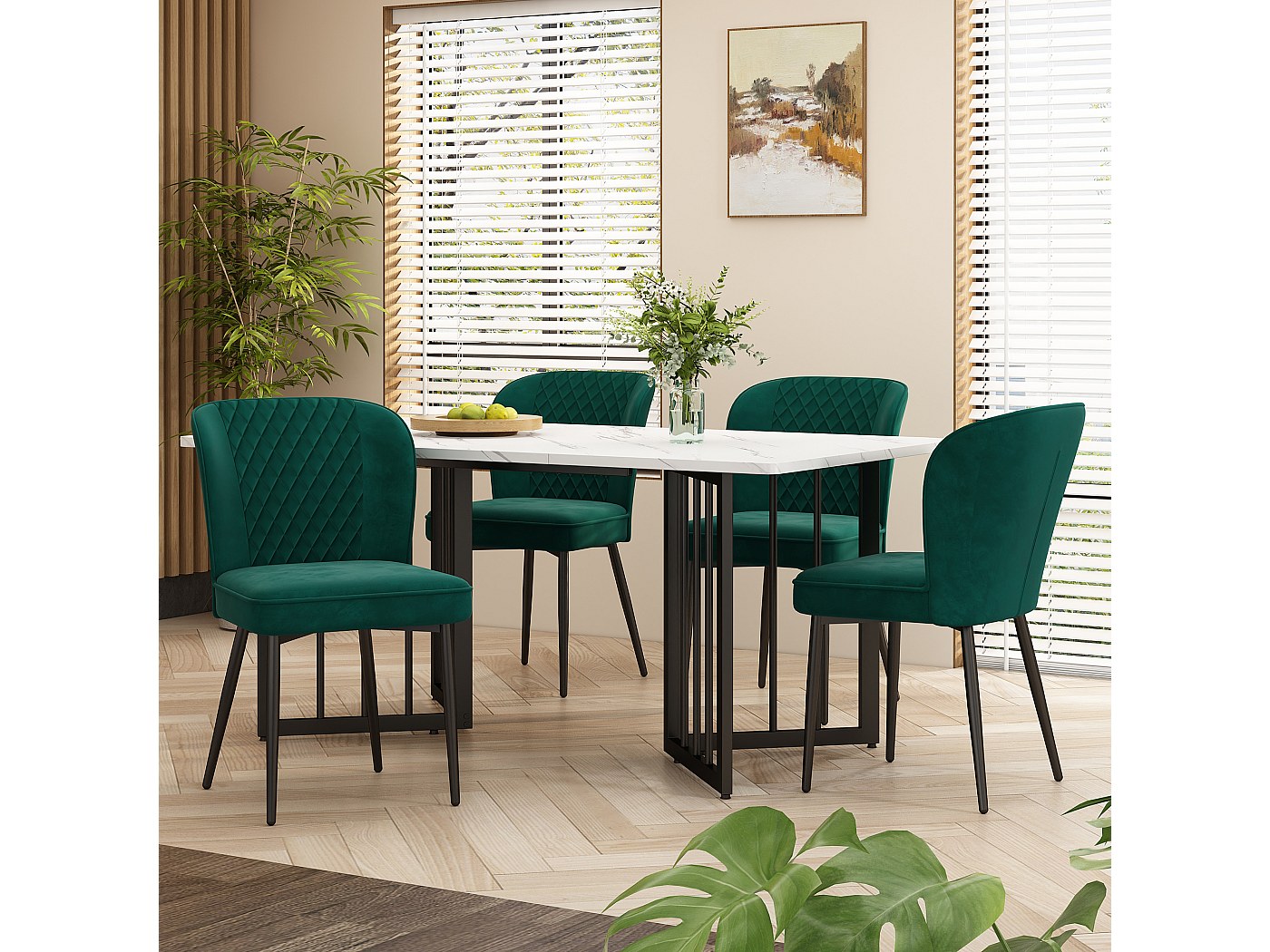 Set tavolo da pranzo con 4 sedie in velluto - Legno MDF e metallo - Verde