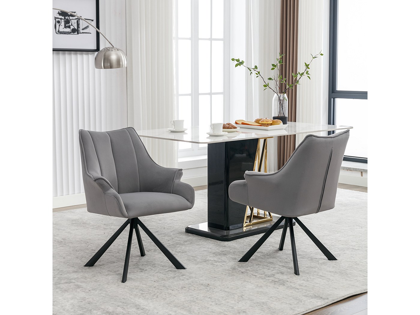 Set di 2 sedie da pranzo moderne in velluto - girevoli a 360° - gambe in metallo - grigie