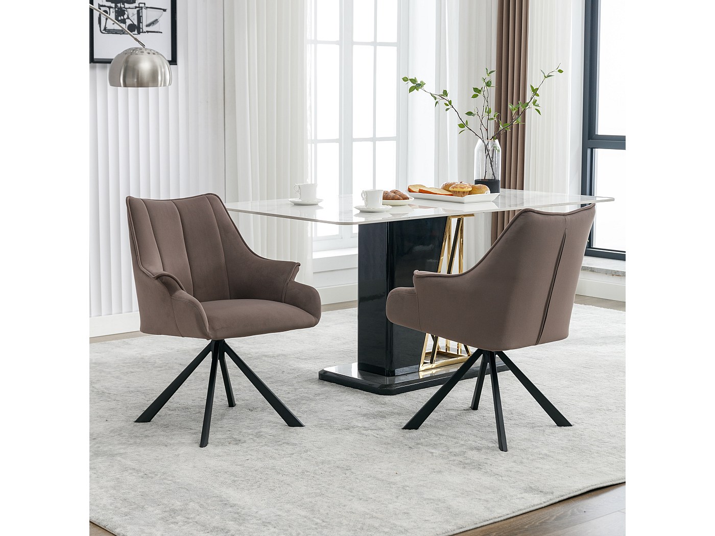 Set di 2 sedie da pranzo in velluto - girevoli a 360° - gambe in metallo - colore caffè