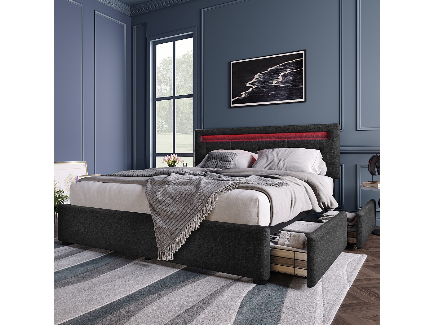 Cama dupla acolchoada 140 x 200 cm com cabeceira regulável e 4 gavetas ...