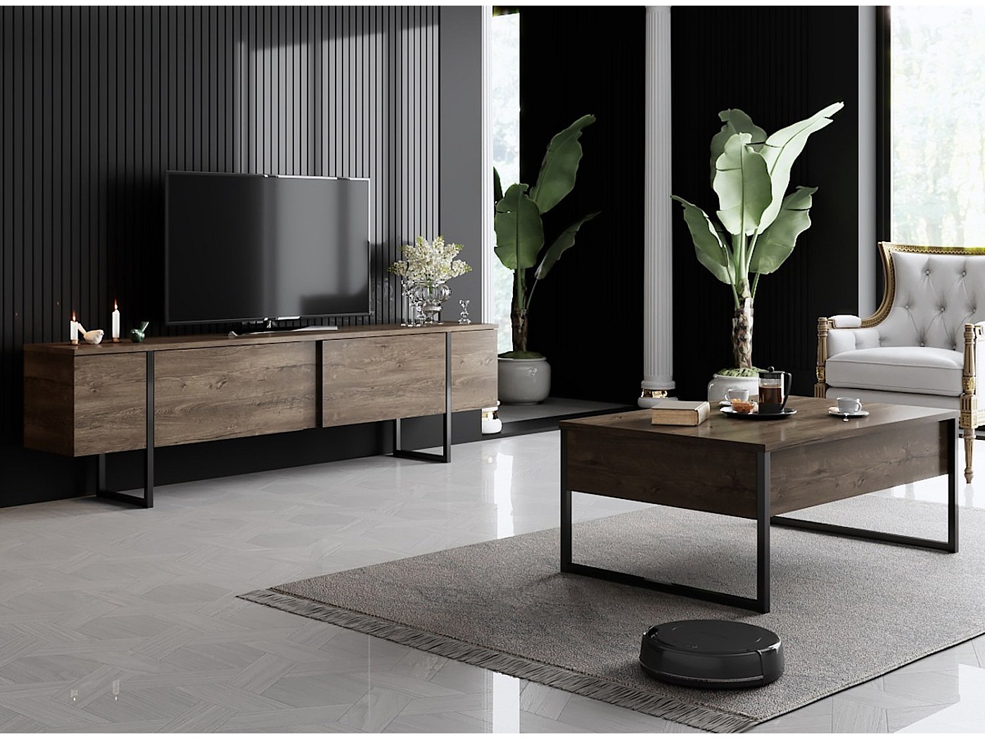 Table basse Sibylle 60x90cm Métal Or et Bois Anthracite