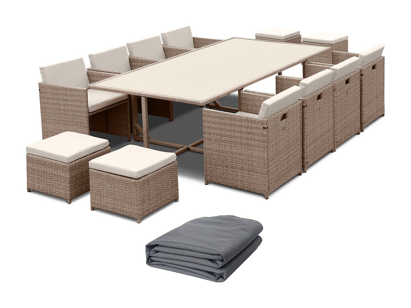 Mesa de jardín encastrable de resina trenzada 12 sillones + funda