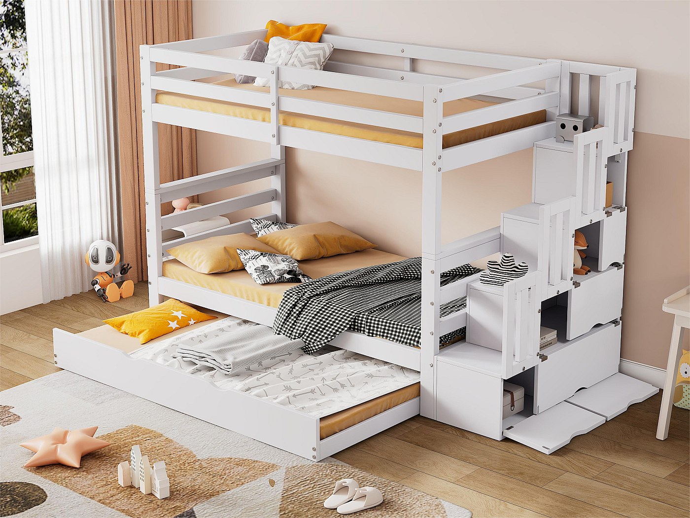 Stapelbed voor kinderen - 2x90x200 cm en een onderschuifbed 90x190 cm ...