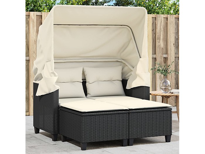 Gartensofa 2-Sitzer mit Dach und Hockern Schwarz Poly Rattan