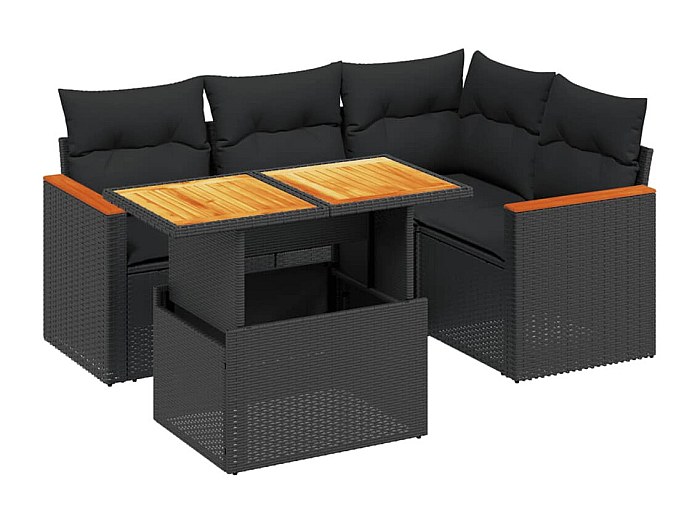 Salon de jardin 5 pcs avec coussins noir résine tressée