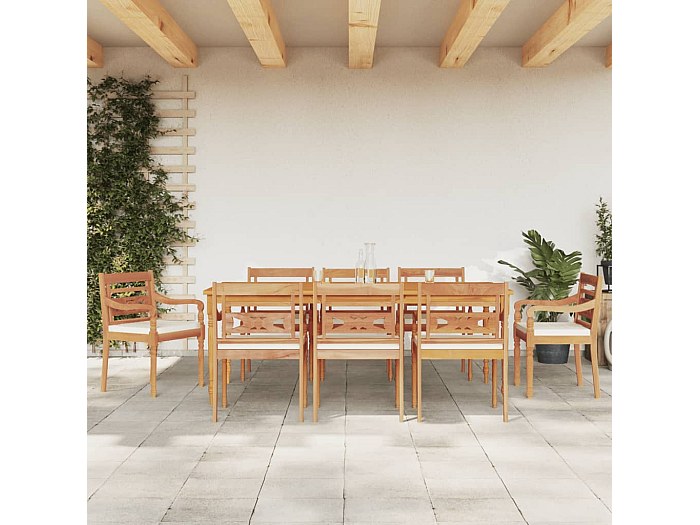 Ensemble à manger de jardin et coussins blanc 9 pièces teck solide