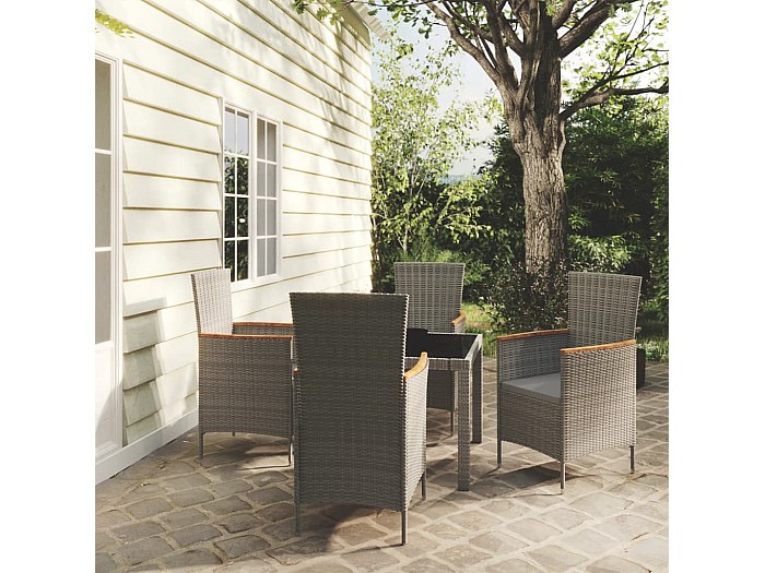 Set de comedor de jardín 5 piezas y cojines ratán sintético gris