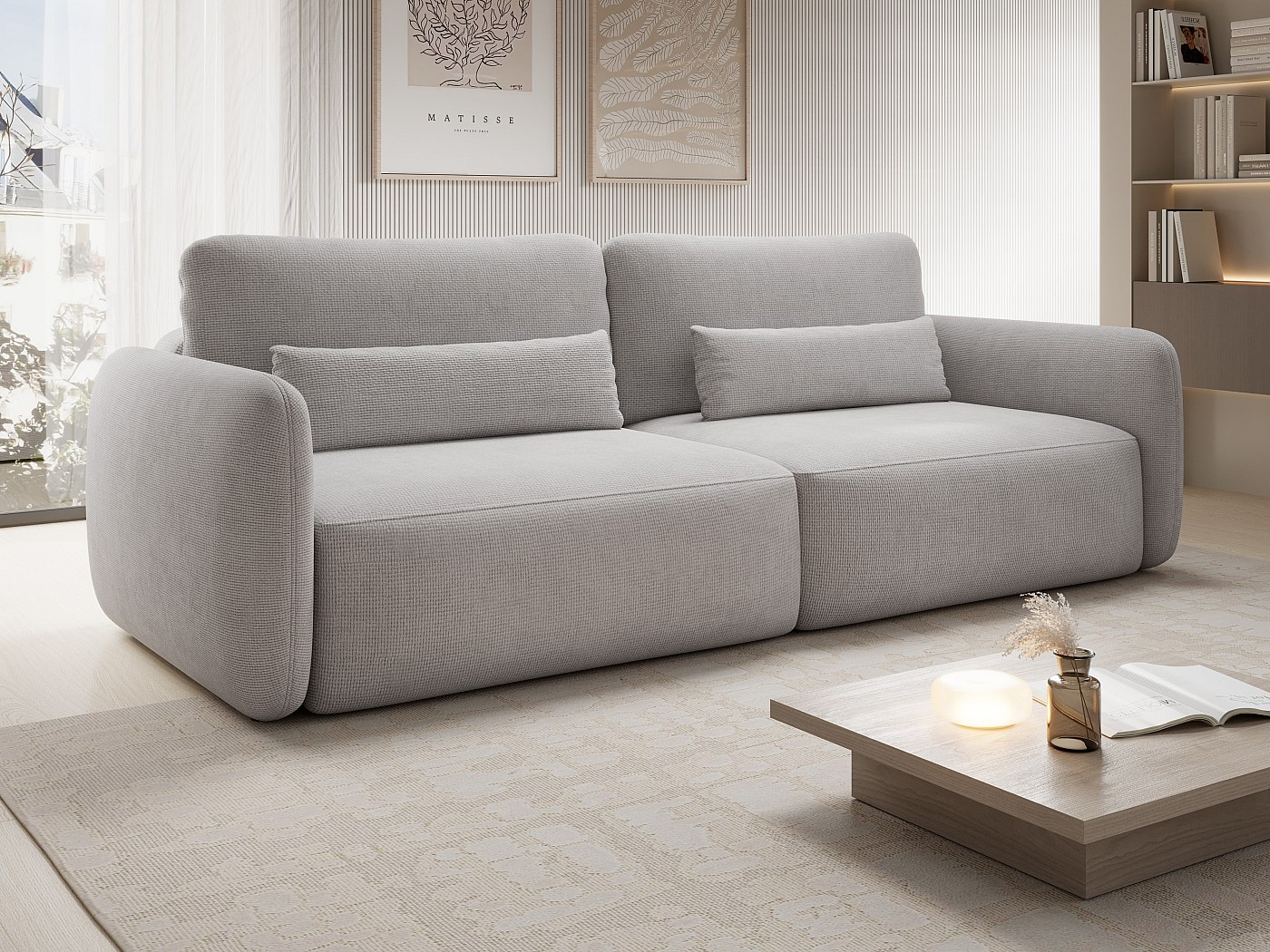 Sofa mit Schlaffunktion 3-Sitzer - Strukturstoff - Hellgrau - VOPOZA ...