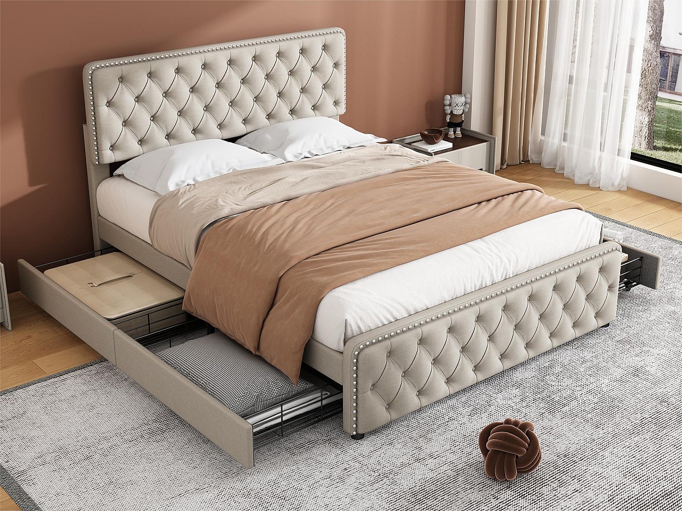 Letto adulto imbottito 180x200 cm con 4 cassetti - tessuto di lino ...