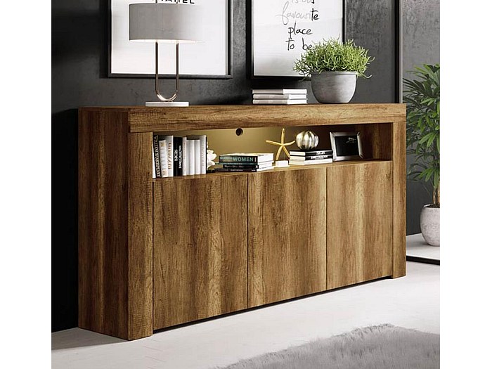 Bahut Buffet bas pour Salon Salle à manger en Coleur Chêne Barok avec LED 155x37x91,5 cm Aker