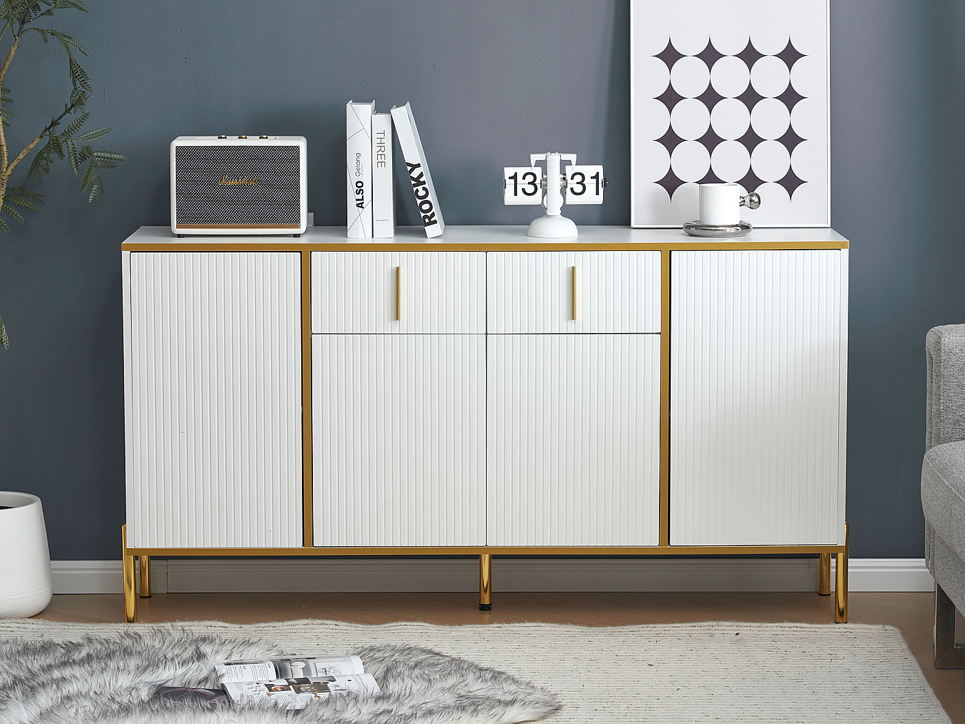 Buffet bas 4 portes et 2 tiroirs - 140 x 35 x 76 cm - Panneaux de ...