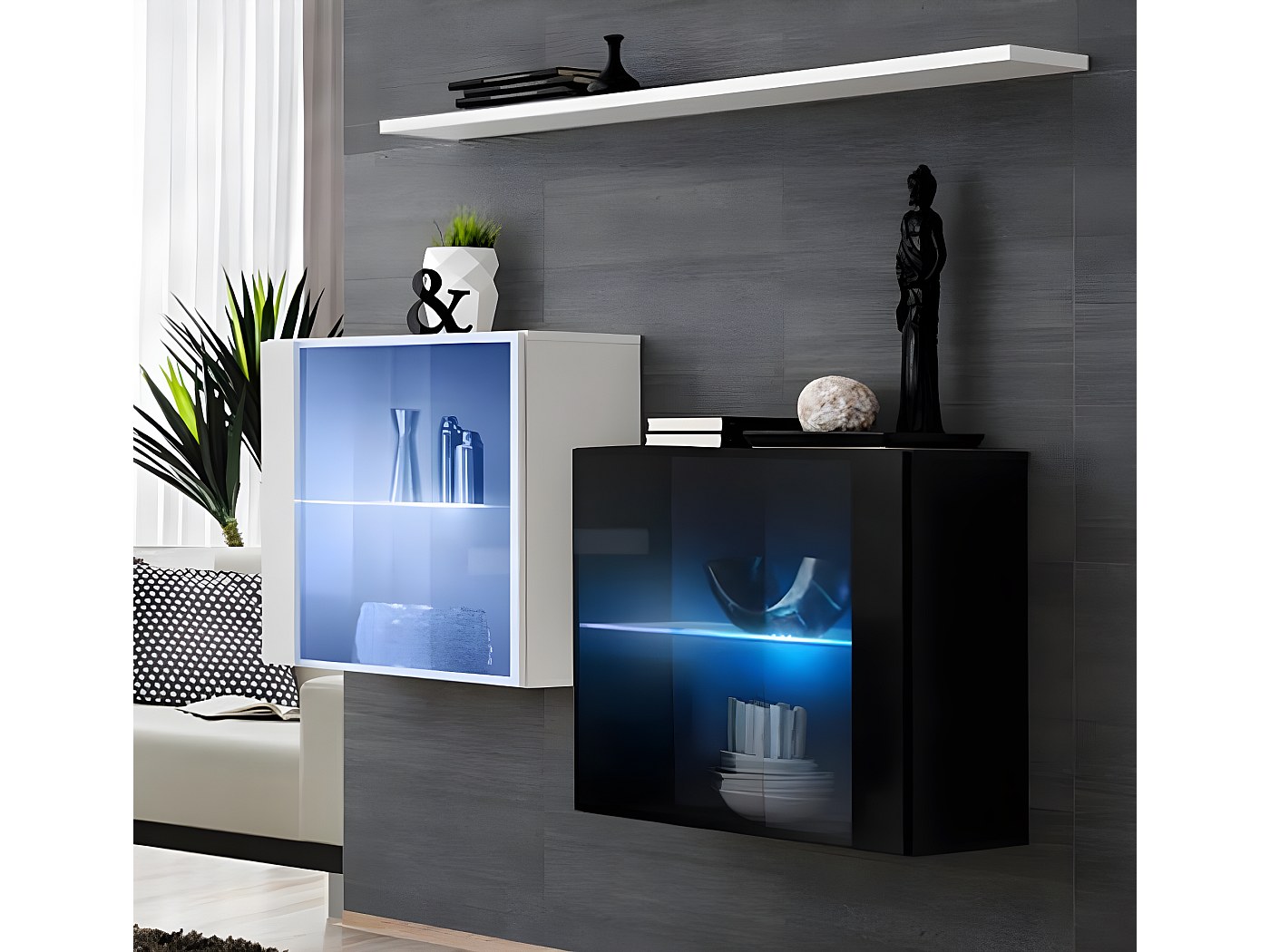 Meuble tv mural pour Salon Salle à manger en Blanc y Noir avec LED ...